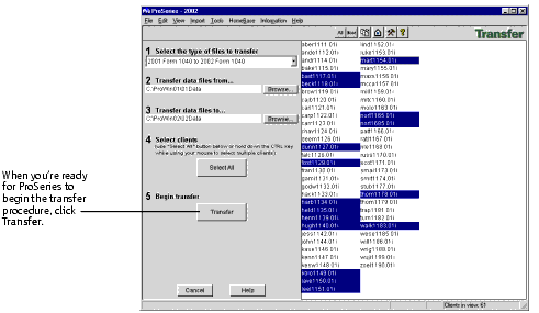 Transferring client data from the Transfer window